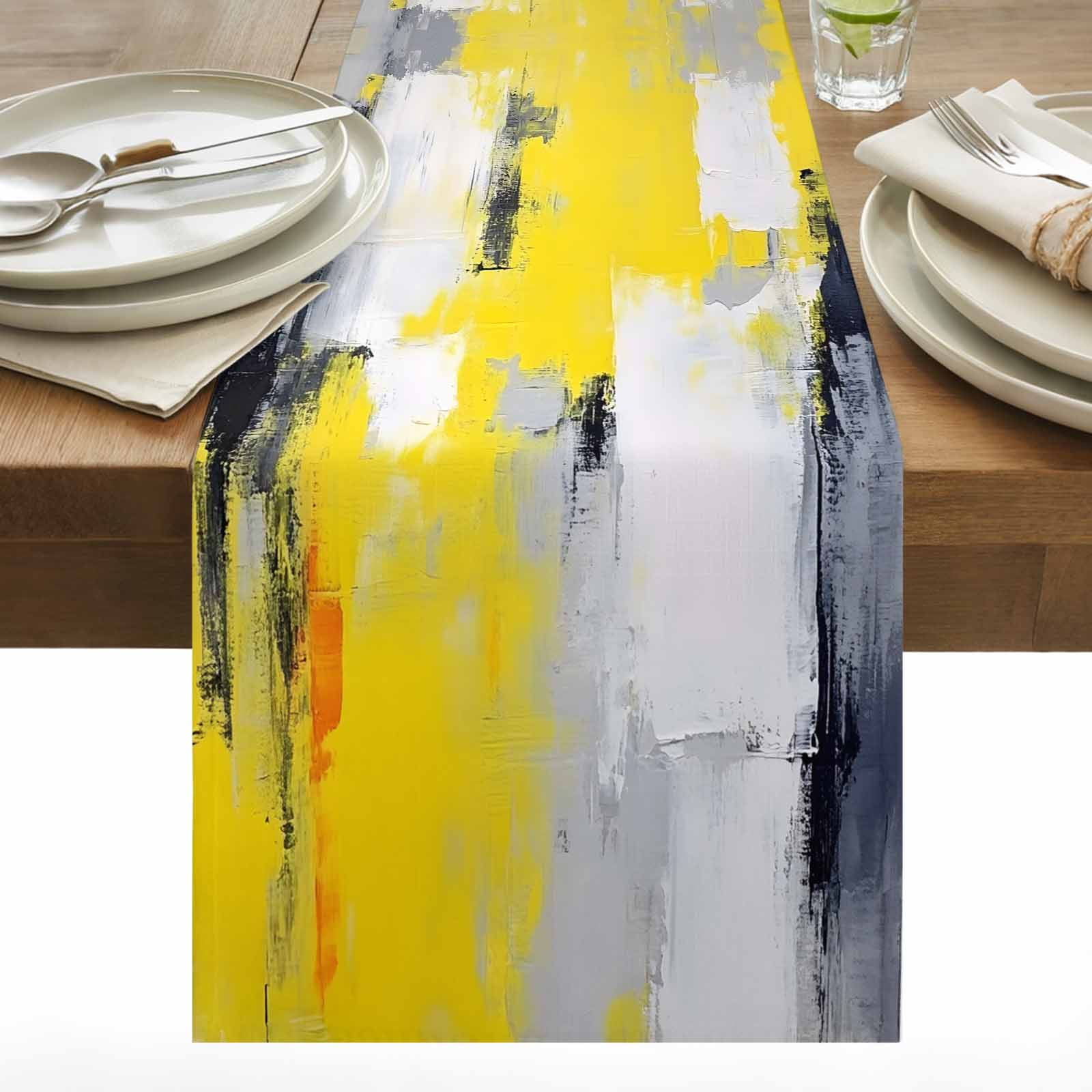 Gray Yellow Abstract Table Runner 13x120 inch Graffiti Brush Cotton ...