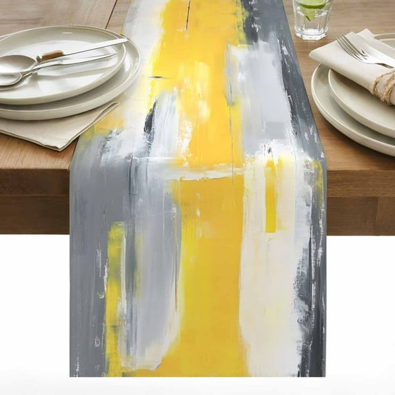 Gray Yellow Brush Table Runner 13x48 inch Graffiti Watercolor Cotton ...