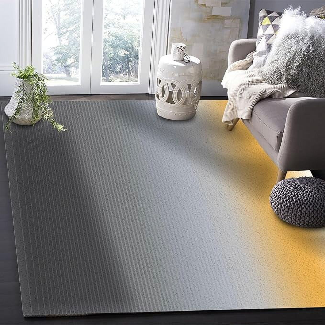 Gray And Yellow Color Area Rug, Modern Minimalist Stripe Art Rectangle ...