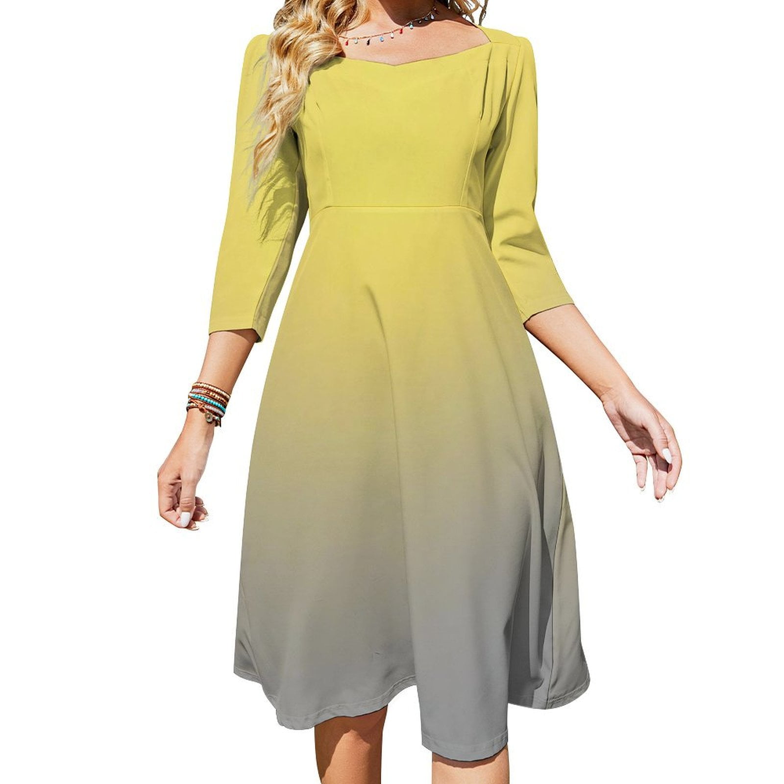 Gray Yellow Gradient Womens Summer Dress Tie Back A Line Flare Dress ...