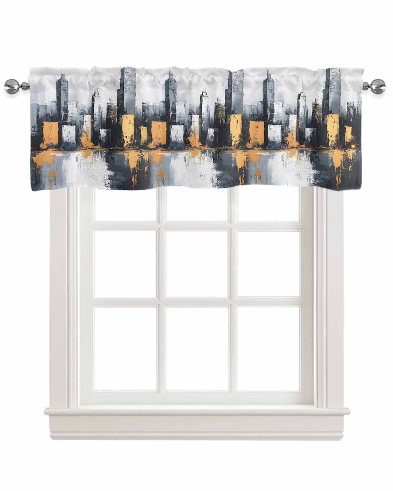 Gray Yellow Oil Painting Kitchen Valances for Windows Farmhouse Linen ...