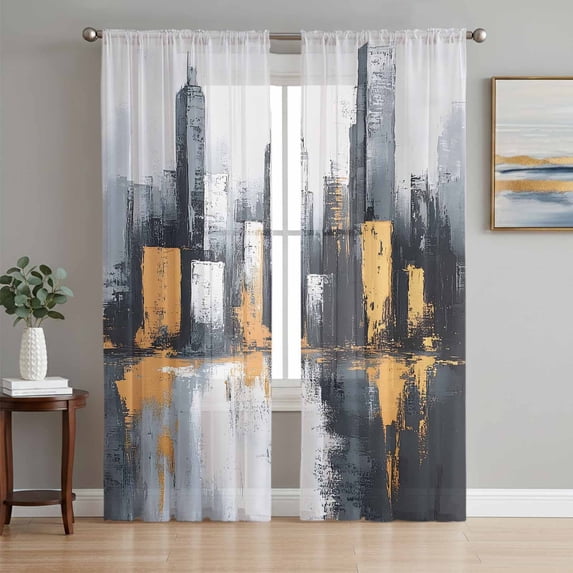 Gray Yellow Oil Painting Sheer Curtains 84 Inch Length 2 Panels Set ...