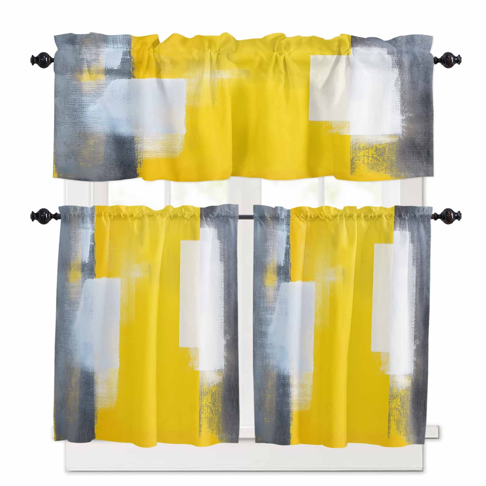 Gray Yellow White Geometric Window Curtains Valance Set of 3 Gradient ...