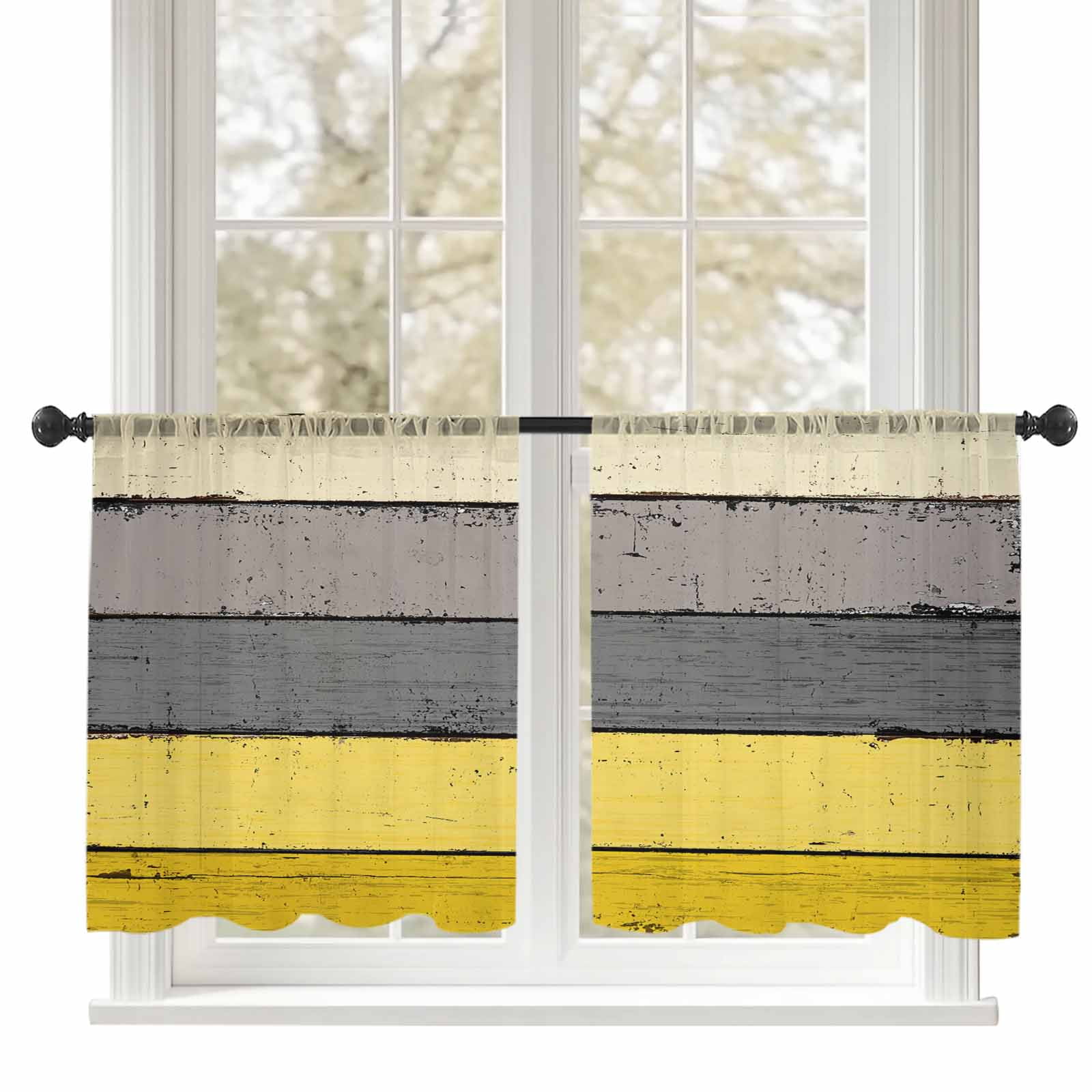 Gray Yellow Wood Grain Sheer Curtains 54 inches Long, Countryside ...
