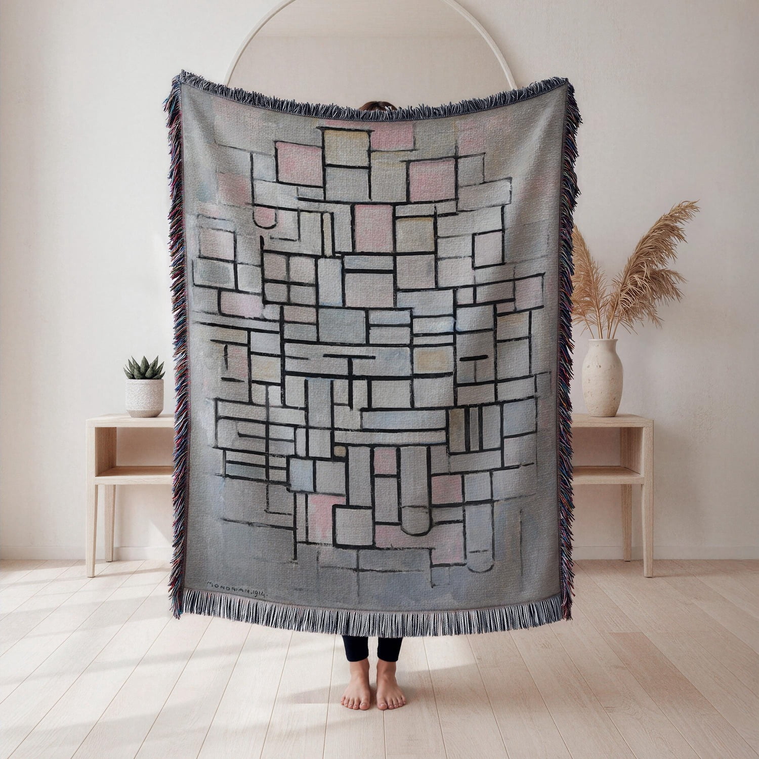 Gray and Blush Geometric Grid Woven Blanket, 100% Cotton, Linear Style ...