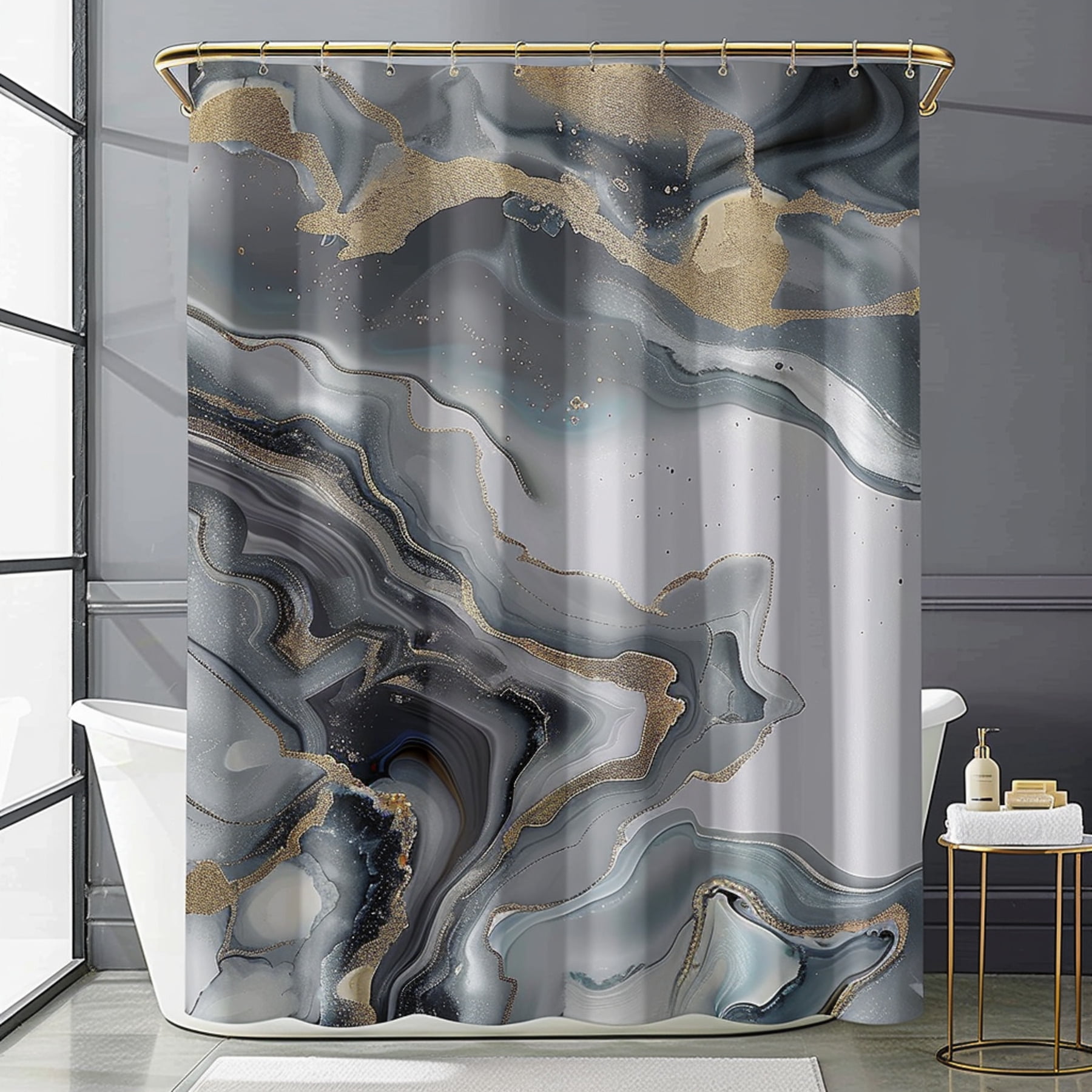 Gray and Gold Marble Patterned Bathroom Curtain with White Bathtub High ...