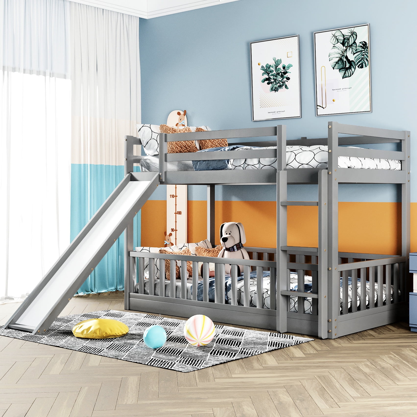Gray bunk bed for twin beds with slide and ladder / Solid construction ...