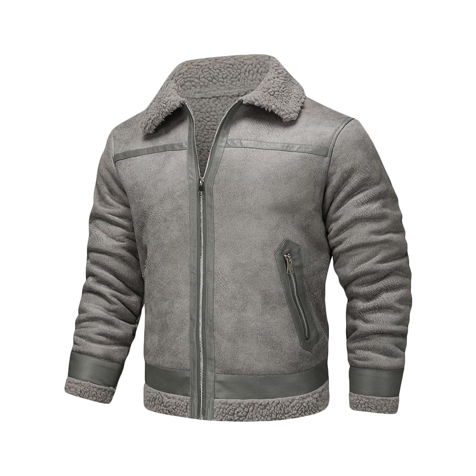 Gray for Mens Fall Winter Long Sleeve Collared Neck Thick Thermal Fuzzy ...