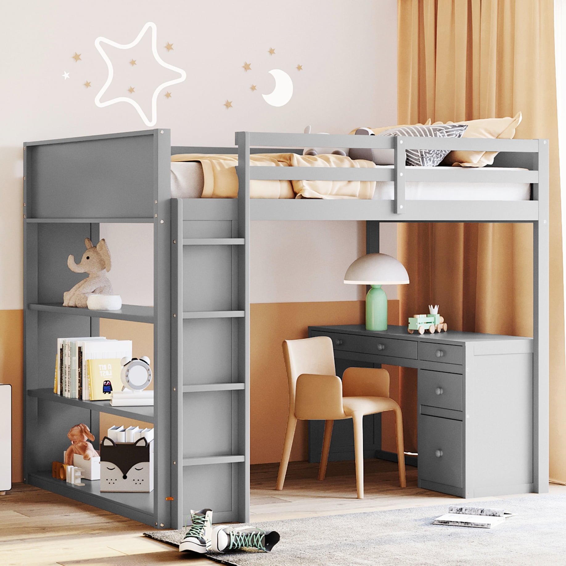 Gray full-size loft bed | Fit well into various bedroom designs ...