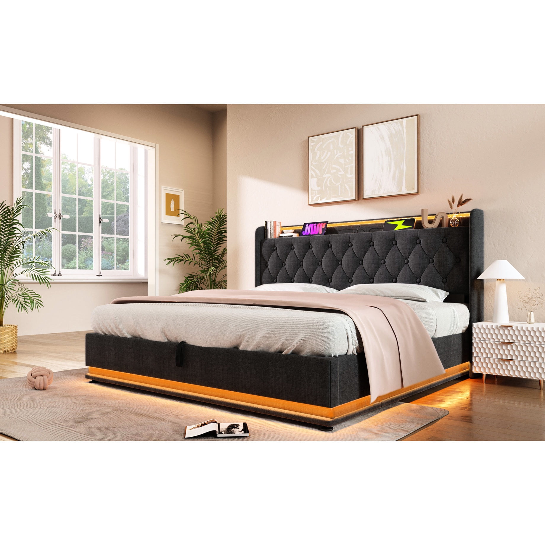 Gray linen king bed, 360 LED multiple dynamic lights and hydraulic ...