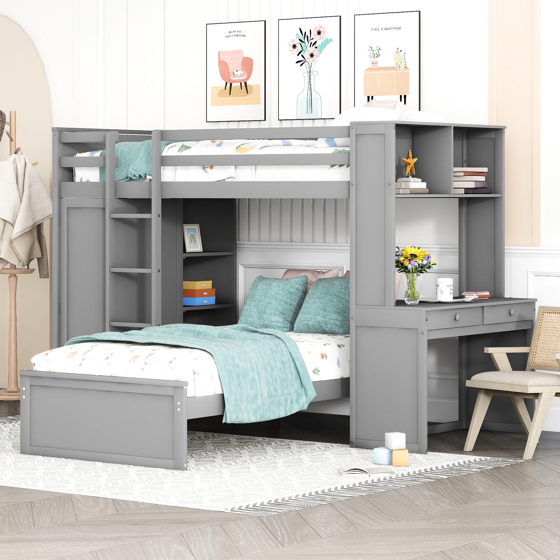Gray twin loft bed offering extra storage and workspace with solid pine ...