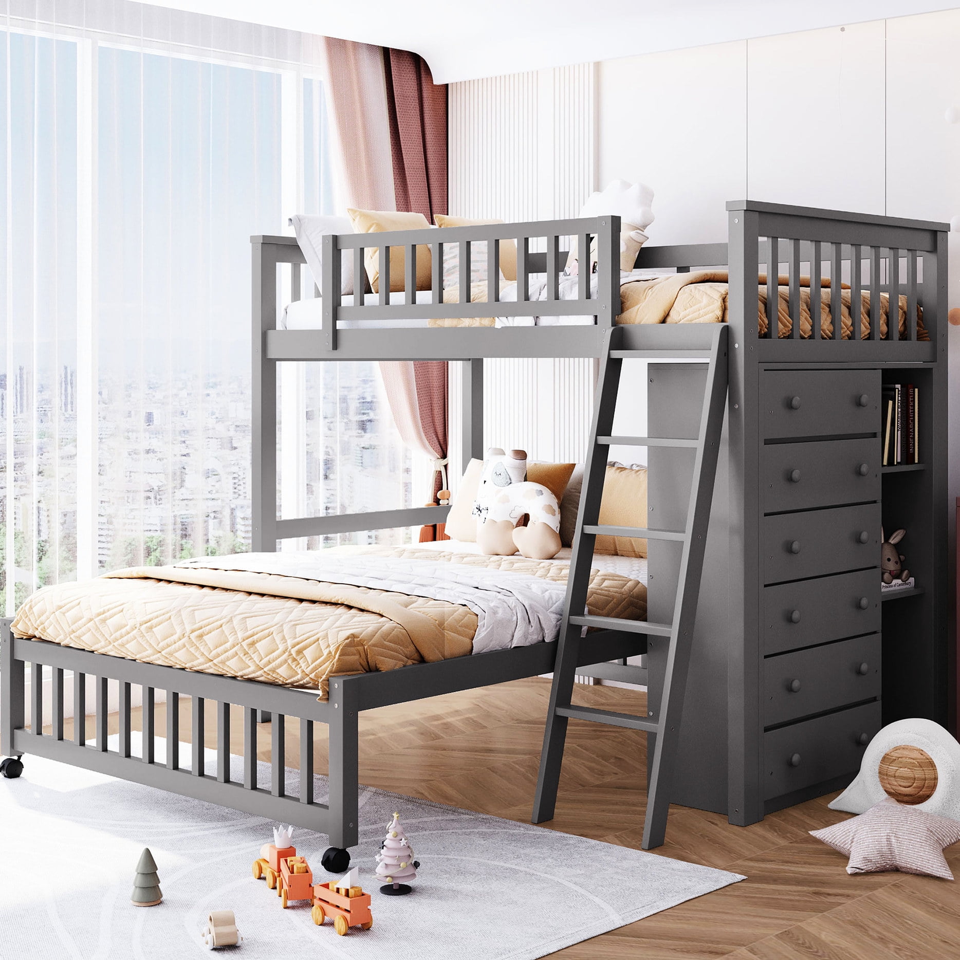 Gray twin over full bunk bed with five - step stairs and wheels for ...