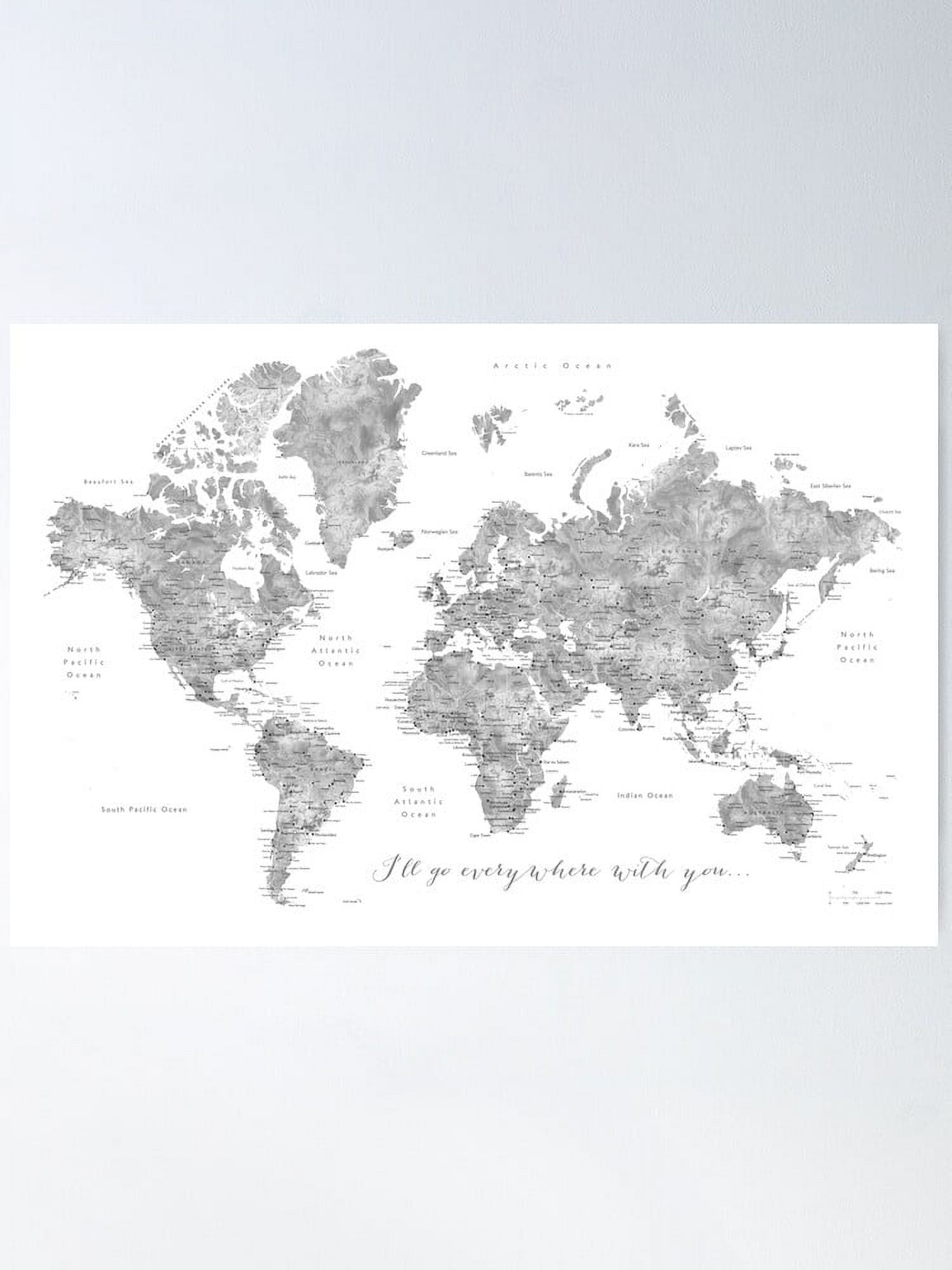 Gray watercolor detailed world map "Everywhere with you" Poster ...