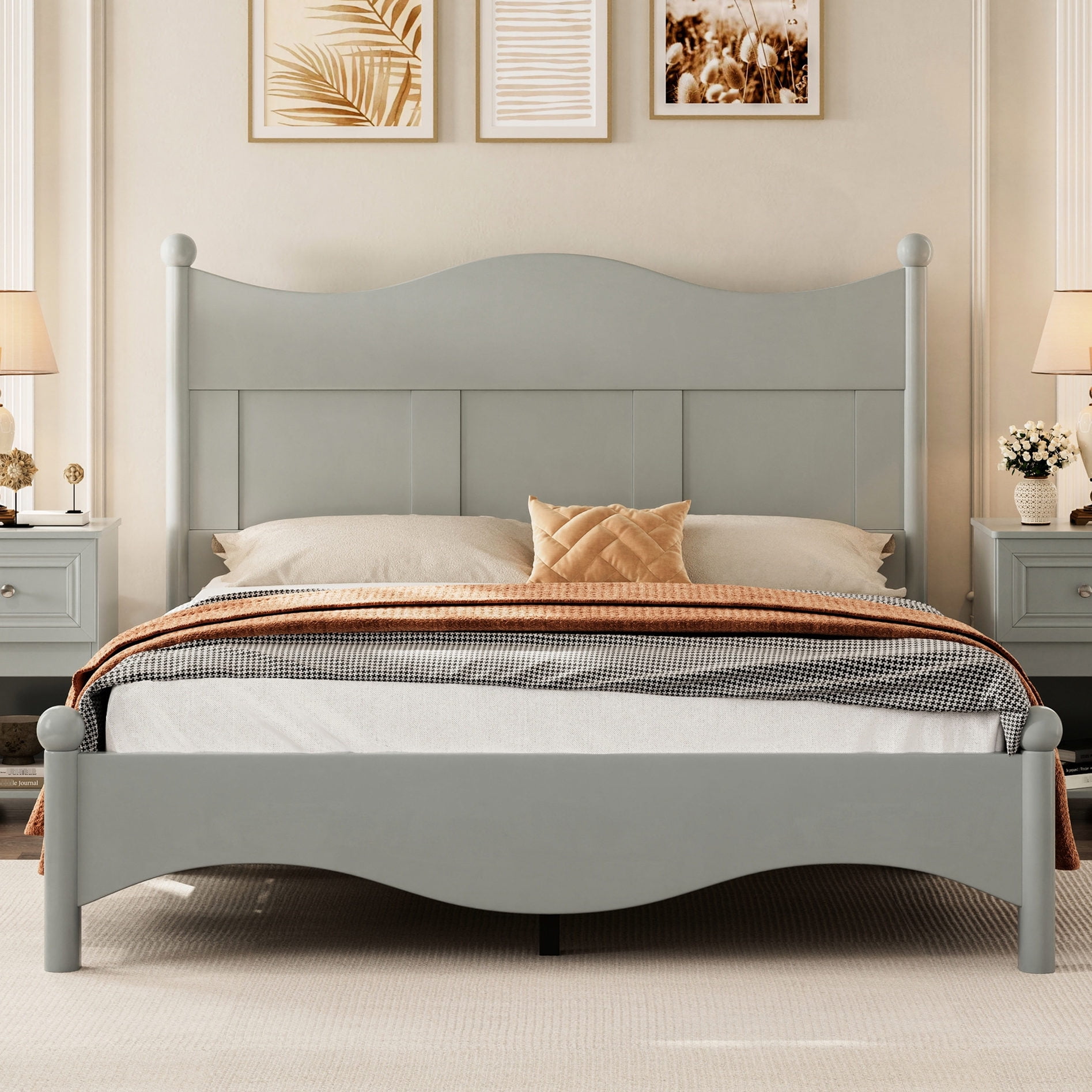 Gray wood platform bed frame in queen size and retro style solid ...