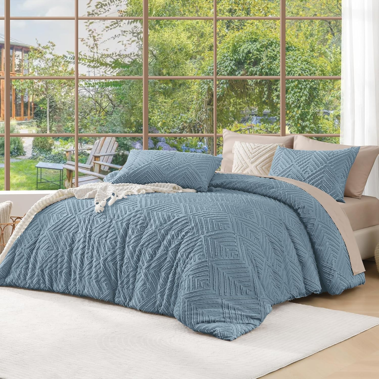 Grayish Blue California King Comforter Set, 3 Pieces Grayish Blue Boho ...