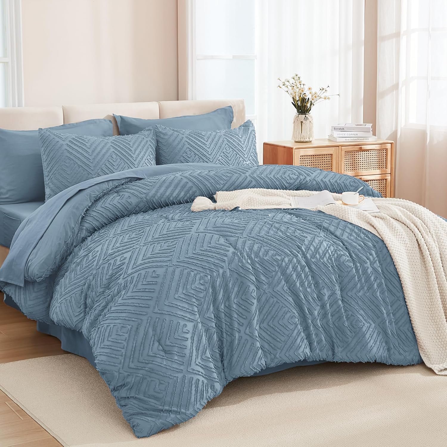 Grayish Blue Full Size Comforter Set with Sheets - 7 Pieces Bed in a ...
