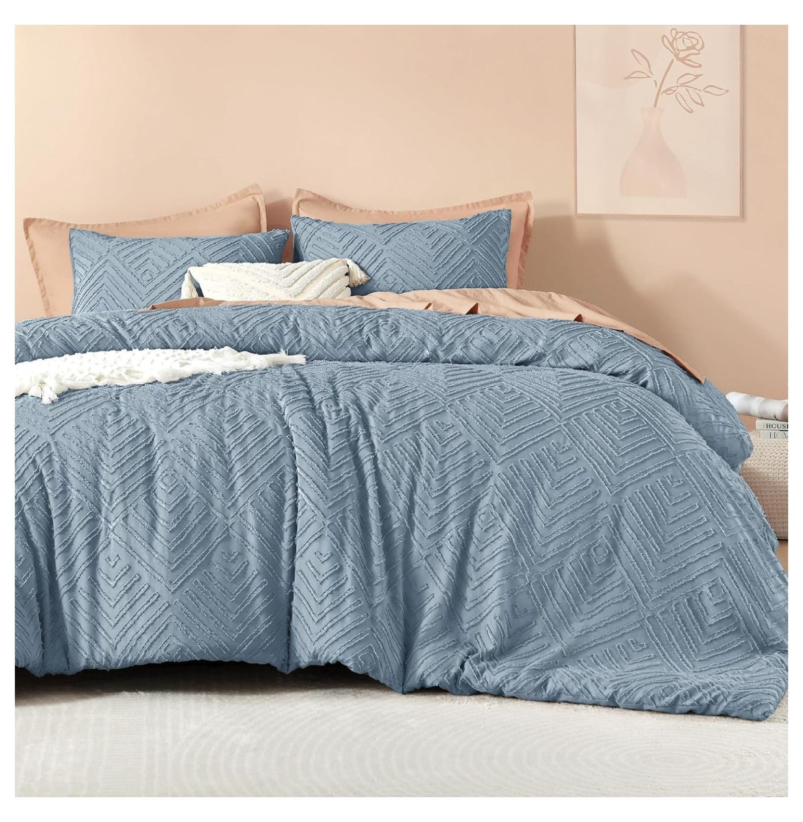 Grayish Blue Super King Size Comforter Set, 3 Pieces Tufted Boho ...