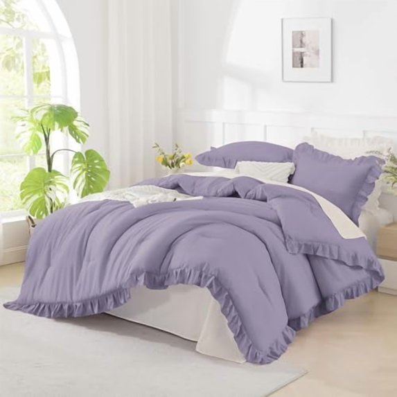 Grayish Purple California King Comforter Set, 3 Pieces Cal King Ruffle ...