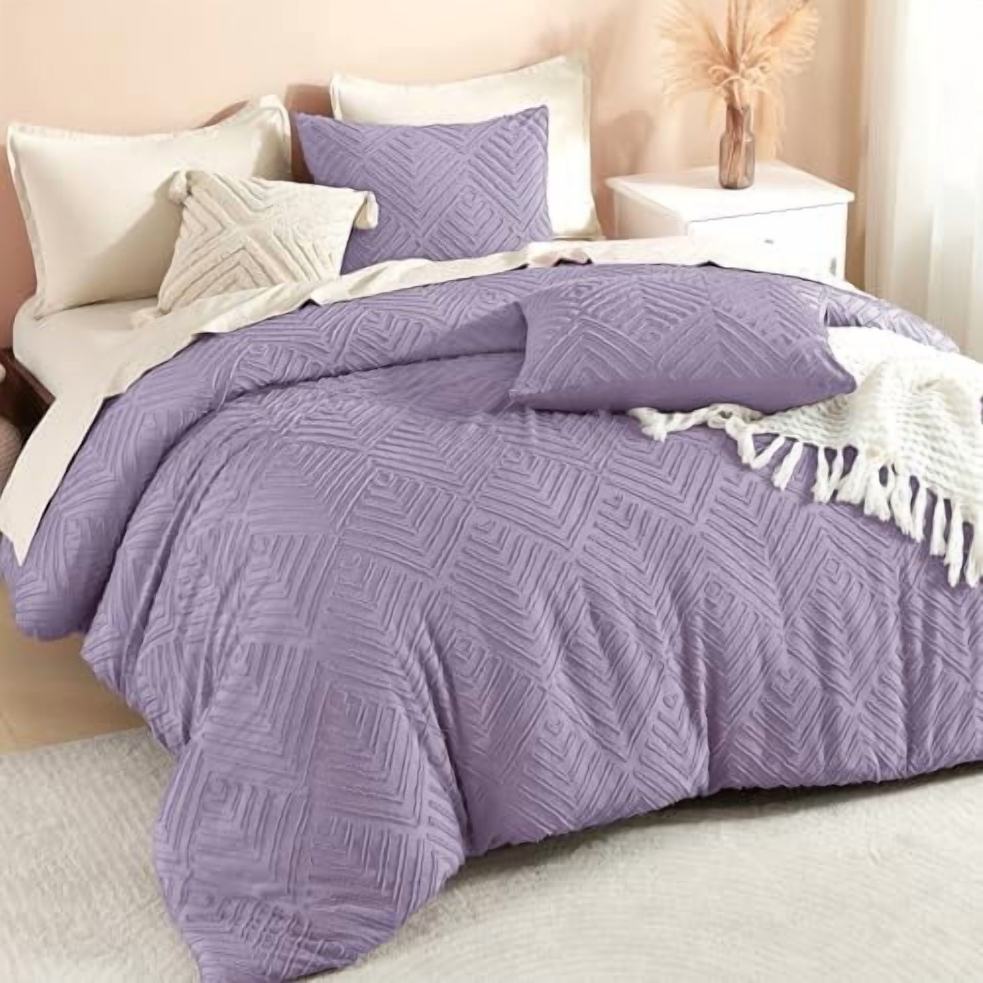 Grayish Purple King Size Comforter Set, 3 Pieces Tufted Boho Farmhouse ...