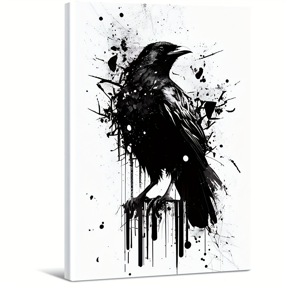 Grayscale Splash Art Of A Crow Large Wooden Framed Wall Art Home Decor ...