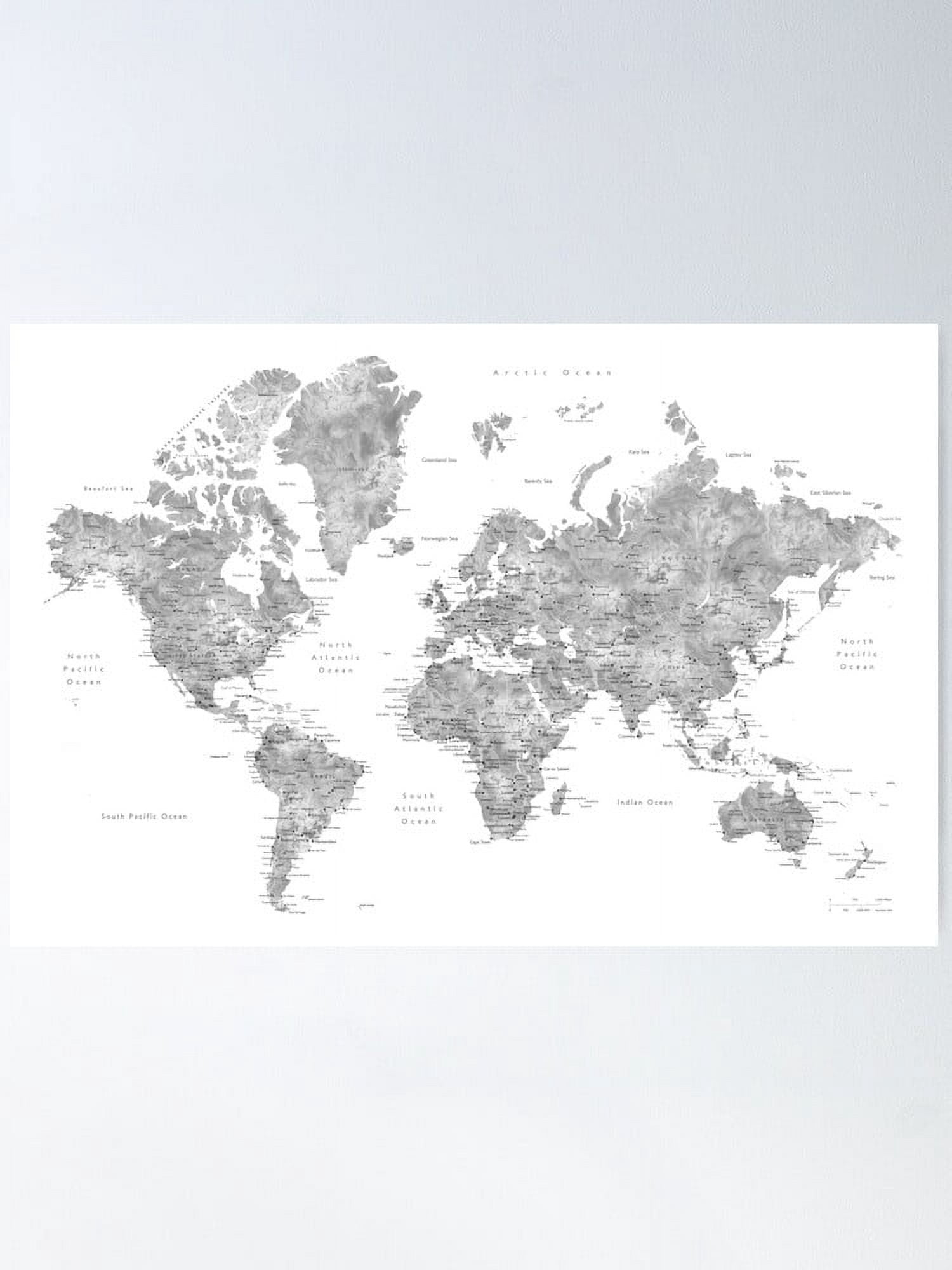 Grayscale watercolor world map with cities Poster - Walmart.com