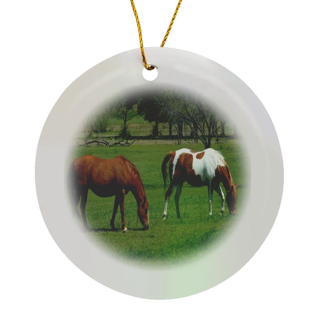 3drose, Grazing Chestnut Pinto Horses Green Field, Circle Porcelain ...