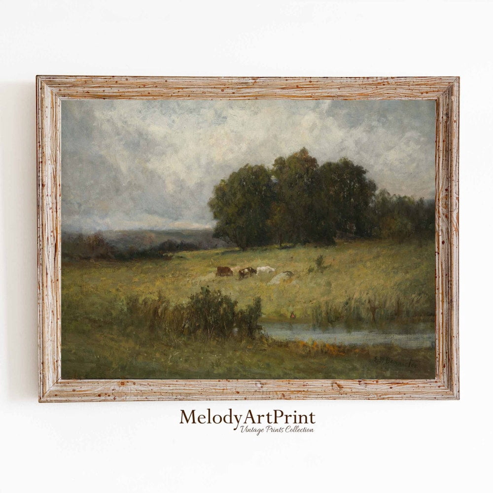 Grazing Cows Near Stream Vintage Landscape Moody Farmhouse Artwork ...