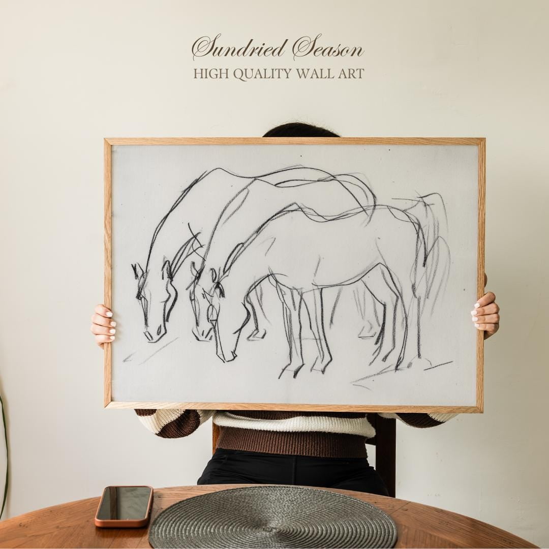 Grazing Horses Charcoal Sketch Print, Minimalist Equestrian Line ...