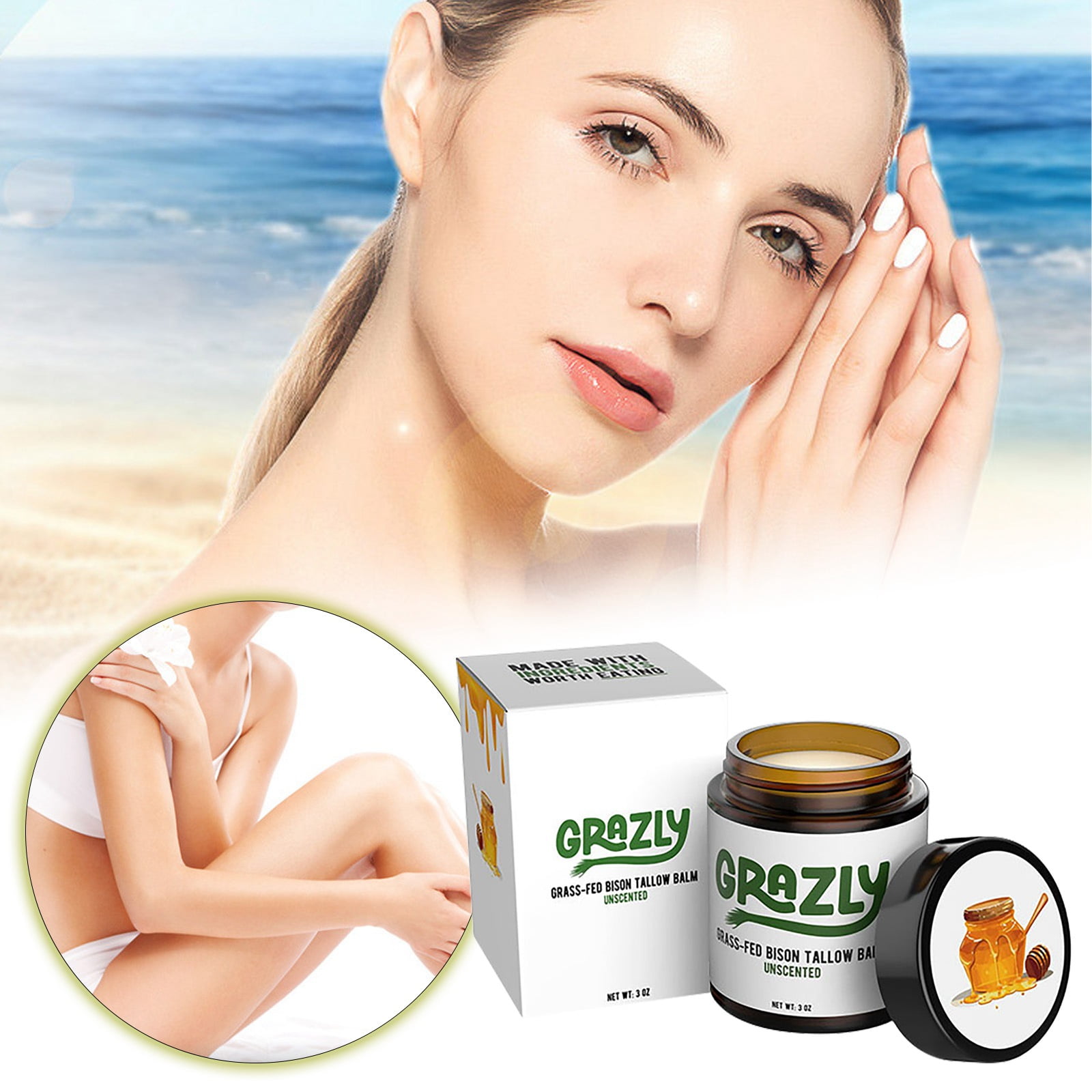 Grazly Bison Tallow Balm - Unscented Grass-Fed Moisturizer for Dry ...