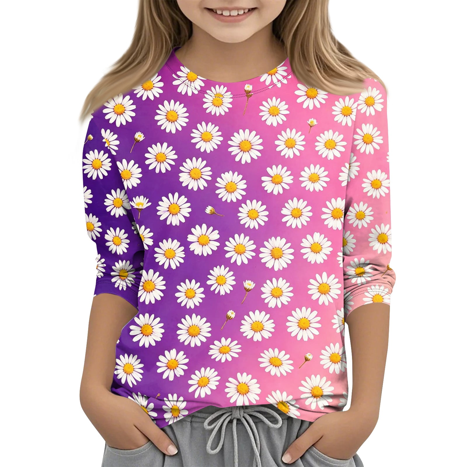 Grblisyd 3/4 Sleeve Girls Shirts Cute Floral Print Round Neck T Shirts ...