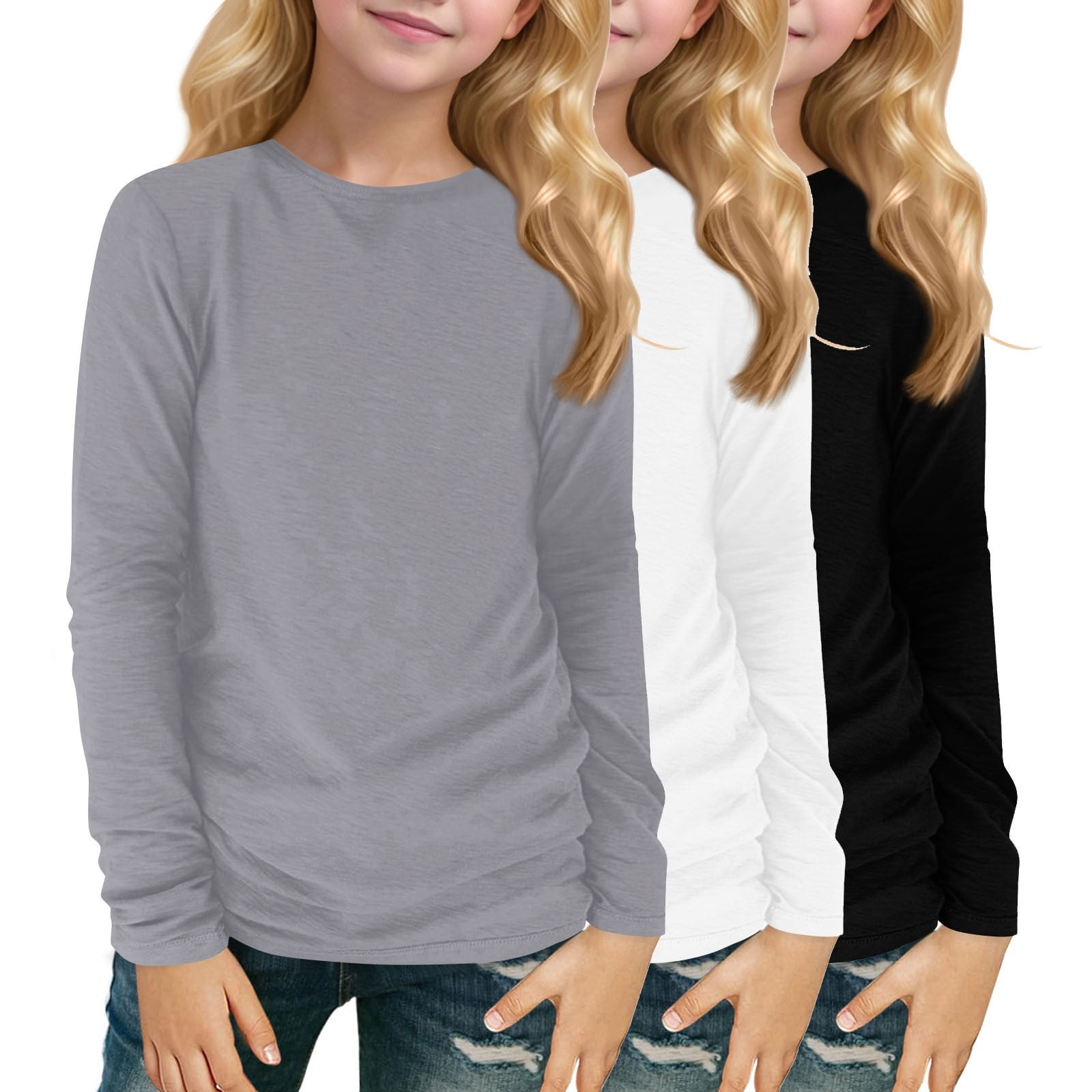 Grblisyd 3 Pack Girls Tops Size 10-12 Long Sleeve Shirt Fall Cute Black ...