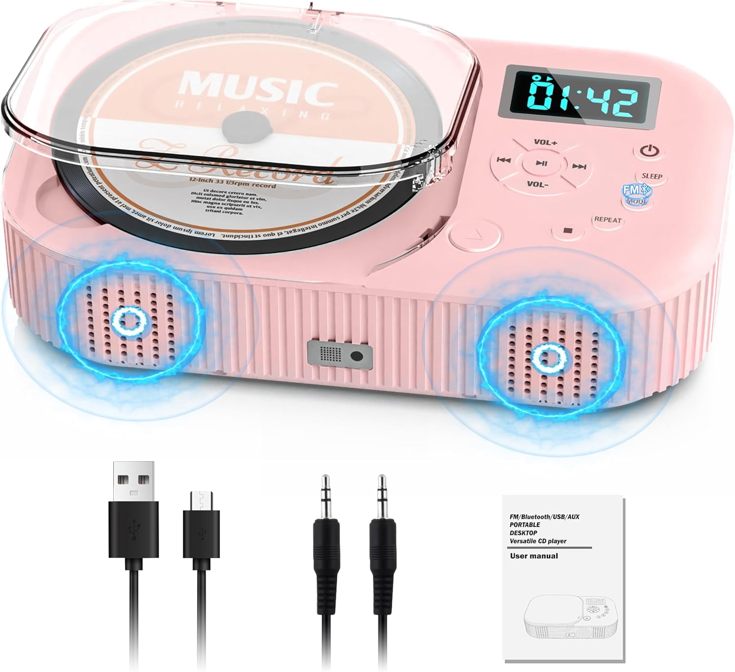 Greadio 2000mAh Rechargeable CD Player with Bluetooth, Pink CD Player ...