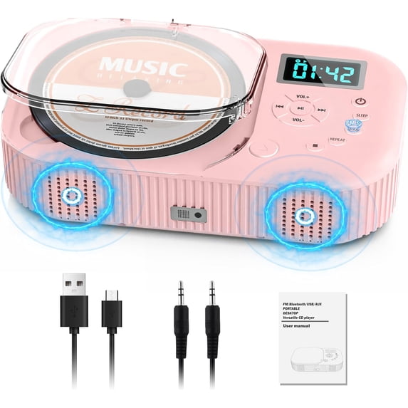 Greadio 2000mAh Rechargeable CD Player with Bluetooth, Pink CD Player ...