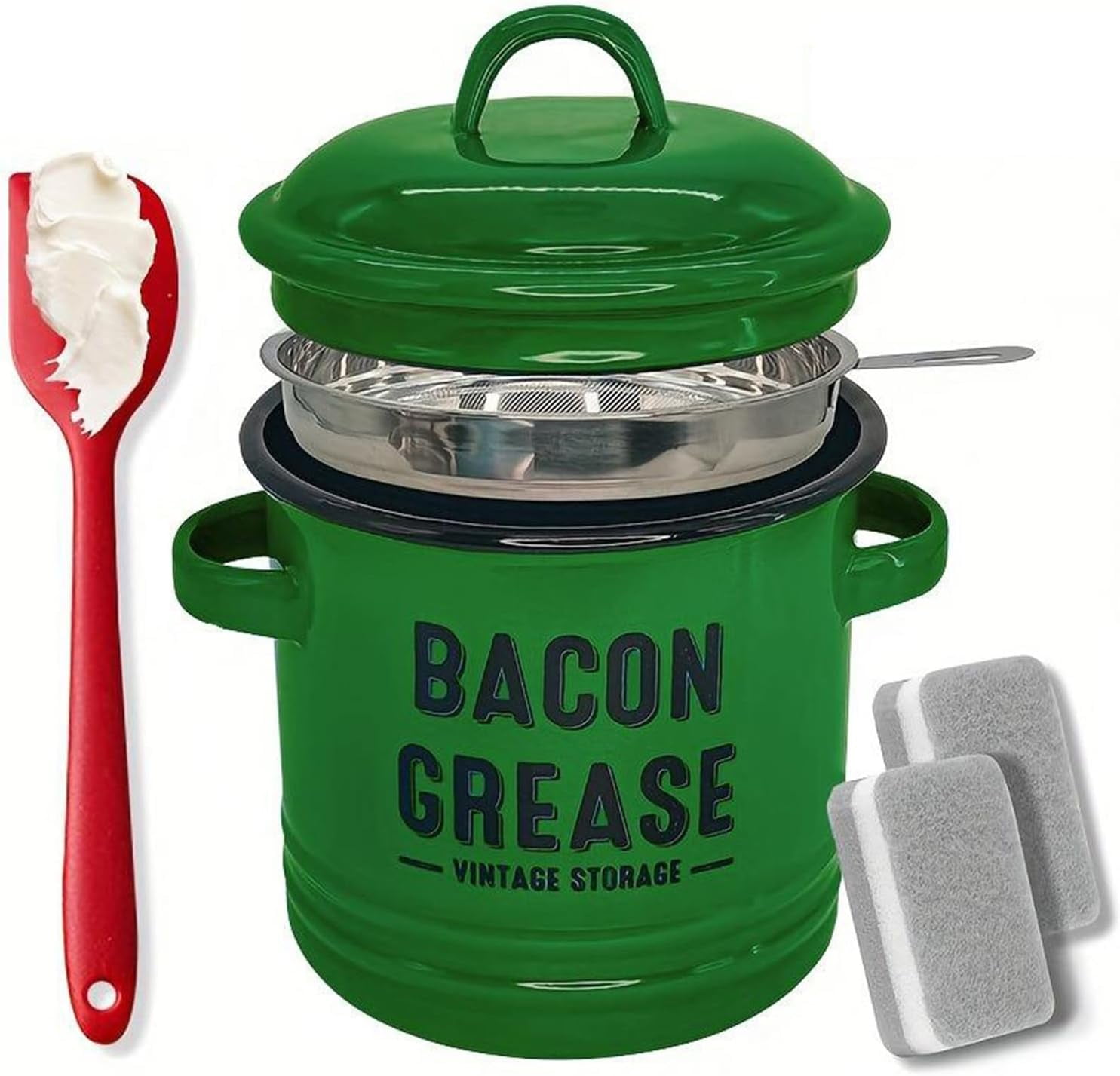 Grease Jar with Strainer, Silicone Scraper & Sponge, Premium Glazed ...