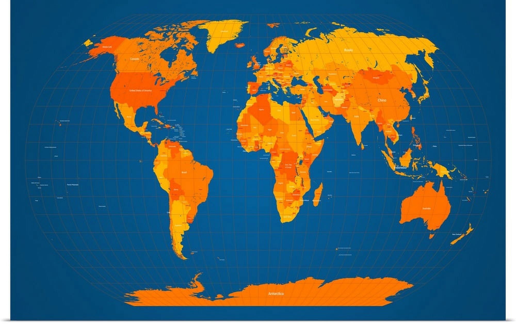 Great BIG Canvas | "World Map in Orange and Blue" Art Print - 30x20 ...