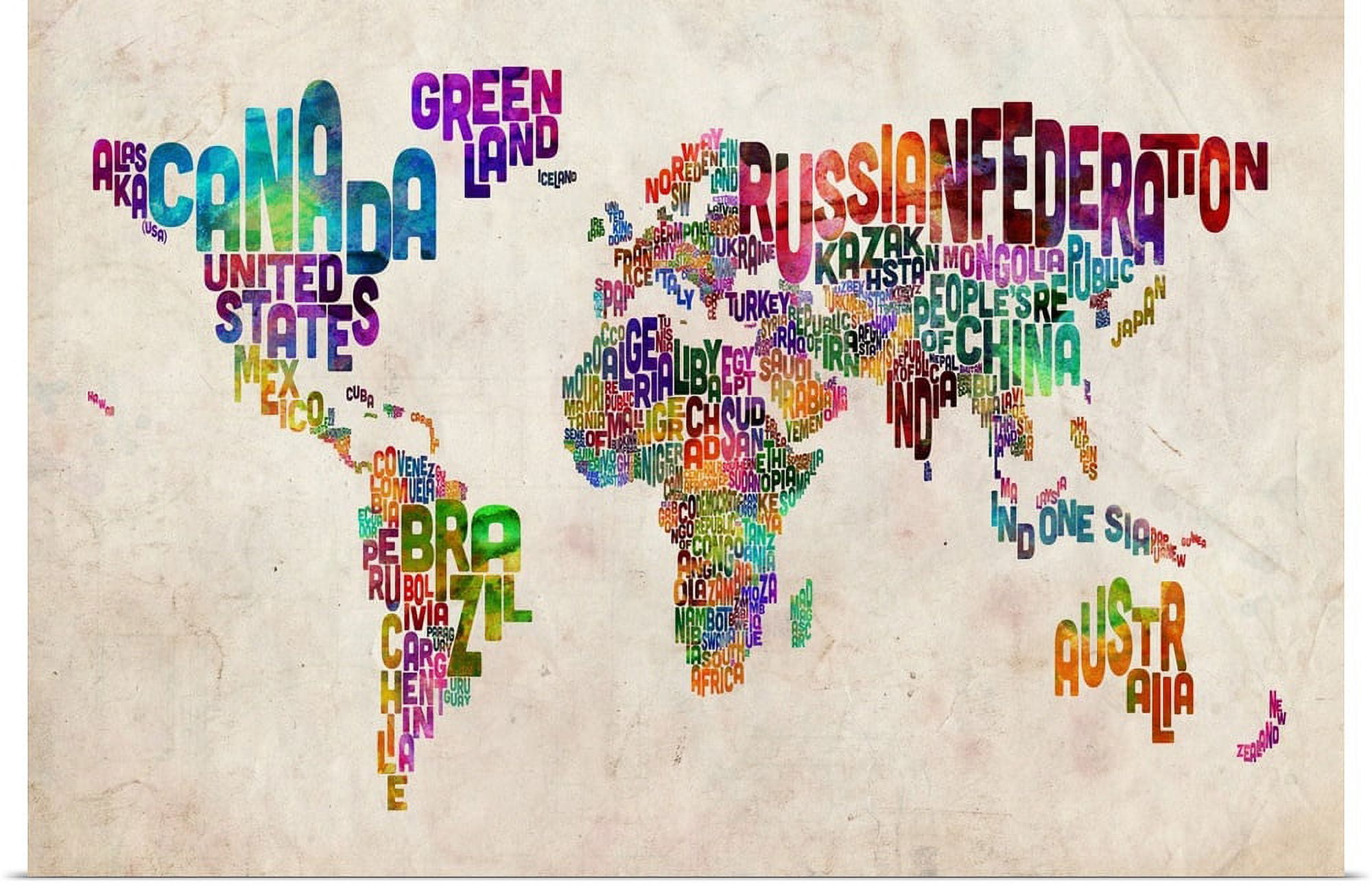 Great BIG Canvas | "World Map made up of country names" Art Print ...