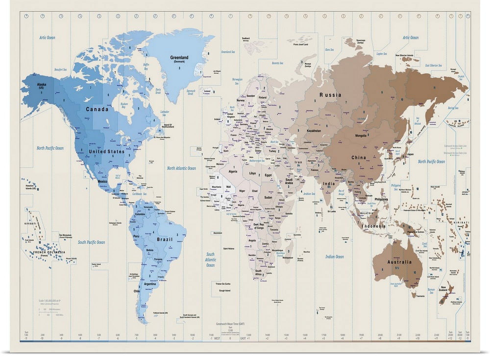 Great BIG Canvas | "World Map showing timezones" Poster Print - 24x18 ...