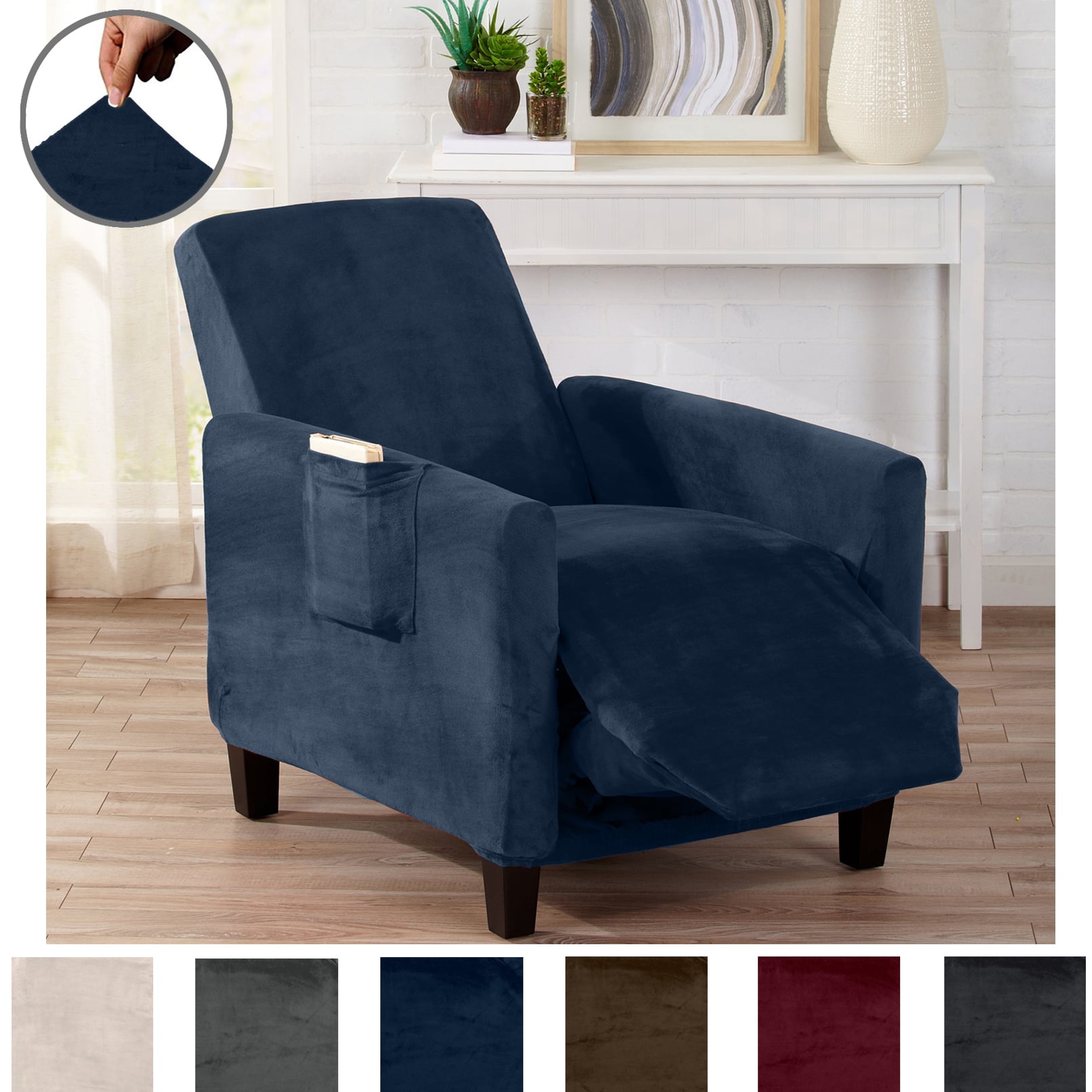 Great Bay Home Recliner Slipcover, Velvet Plush, Washable, Dark Denim ...