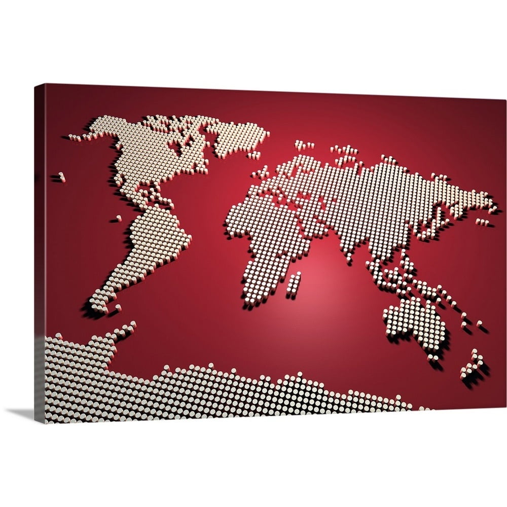 Great Big Canvas "World Map in Red" by Michael Tompsett Black Burgundy ...