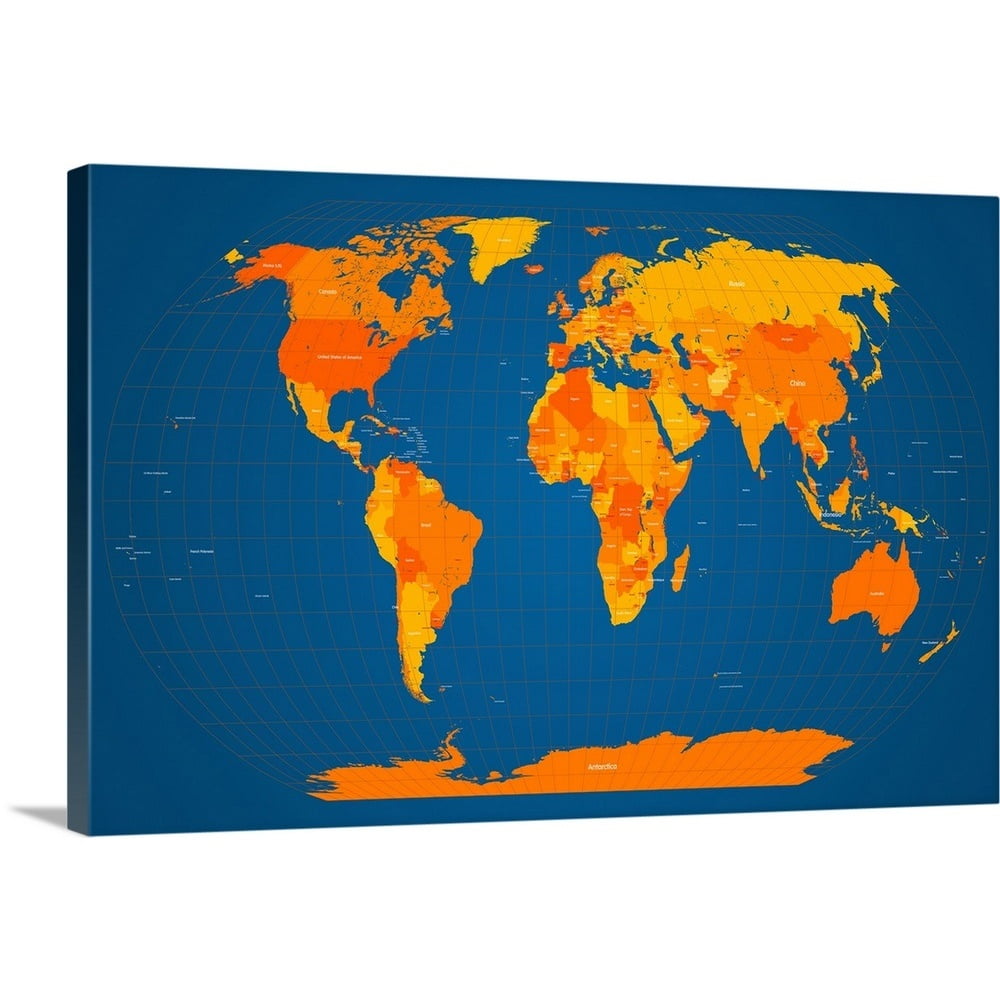 Great Big Canvas "World Map in Orange and Blue" by Michael Tompsett ...