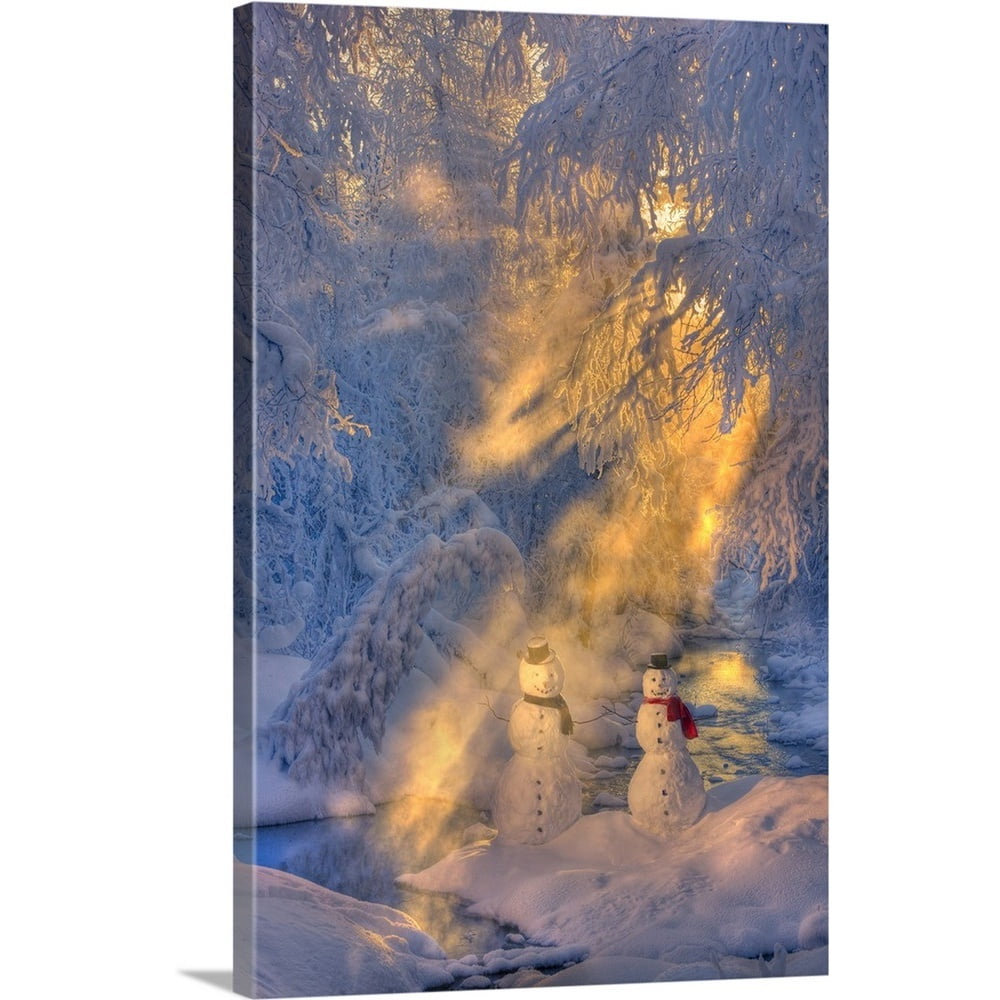 Great Big Canvas "Snowman Couple Standing Next To A Stream With Sunrays ...