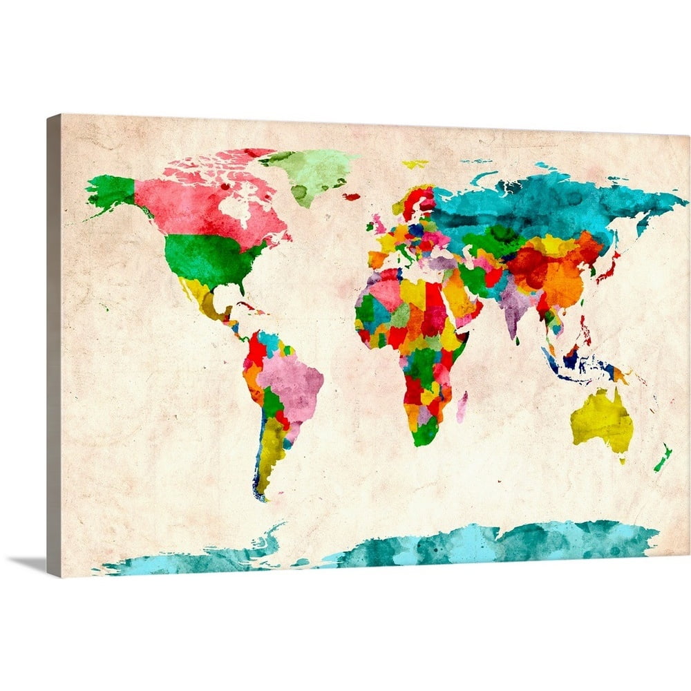 Great Big Canvas "World Map Watercolors" by Michael Tompsett Teal Pink ...