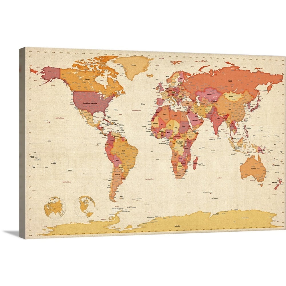 Great Big Canvas "World map showing latitude and longitude - orange" by ...