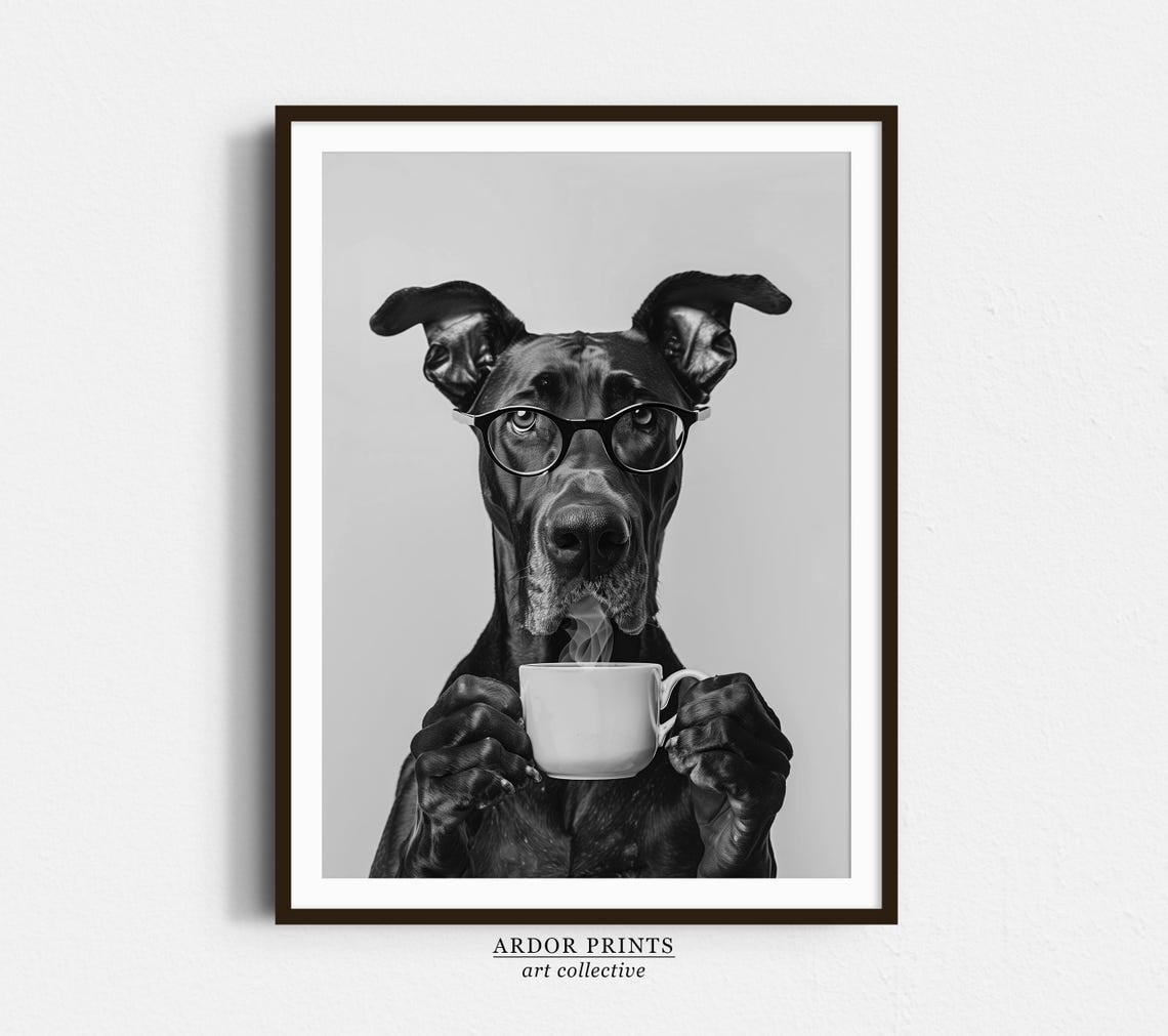 Great Dane And Coffee Wall Art, Black And White Print, Coffee Lover Print, Dog Gift, Funny Dog ...