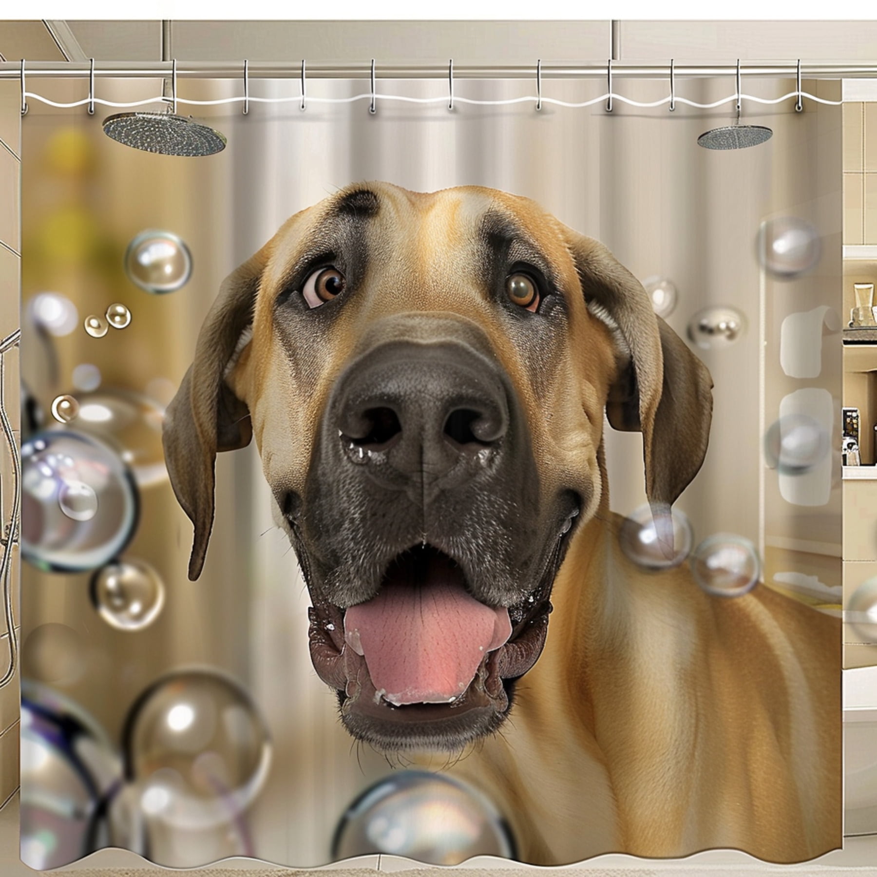 Great Dane Dog Shower Curtain with Realistic and Cute Cartoon Design White Beige Bathroom Decor ...