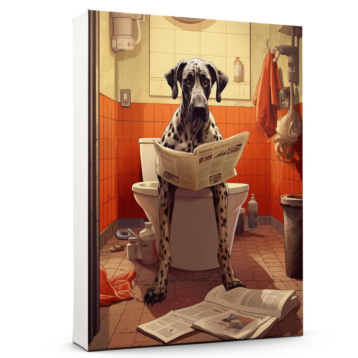 Great Dane Gift Wall Art, Cute Dog Sitting on The Toilet Reading a Newspaper Bathroom Poster for ...