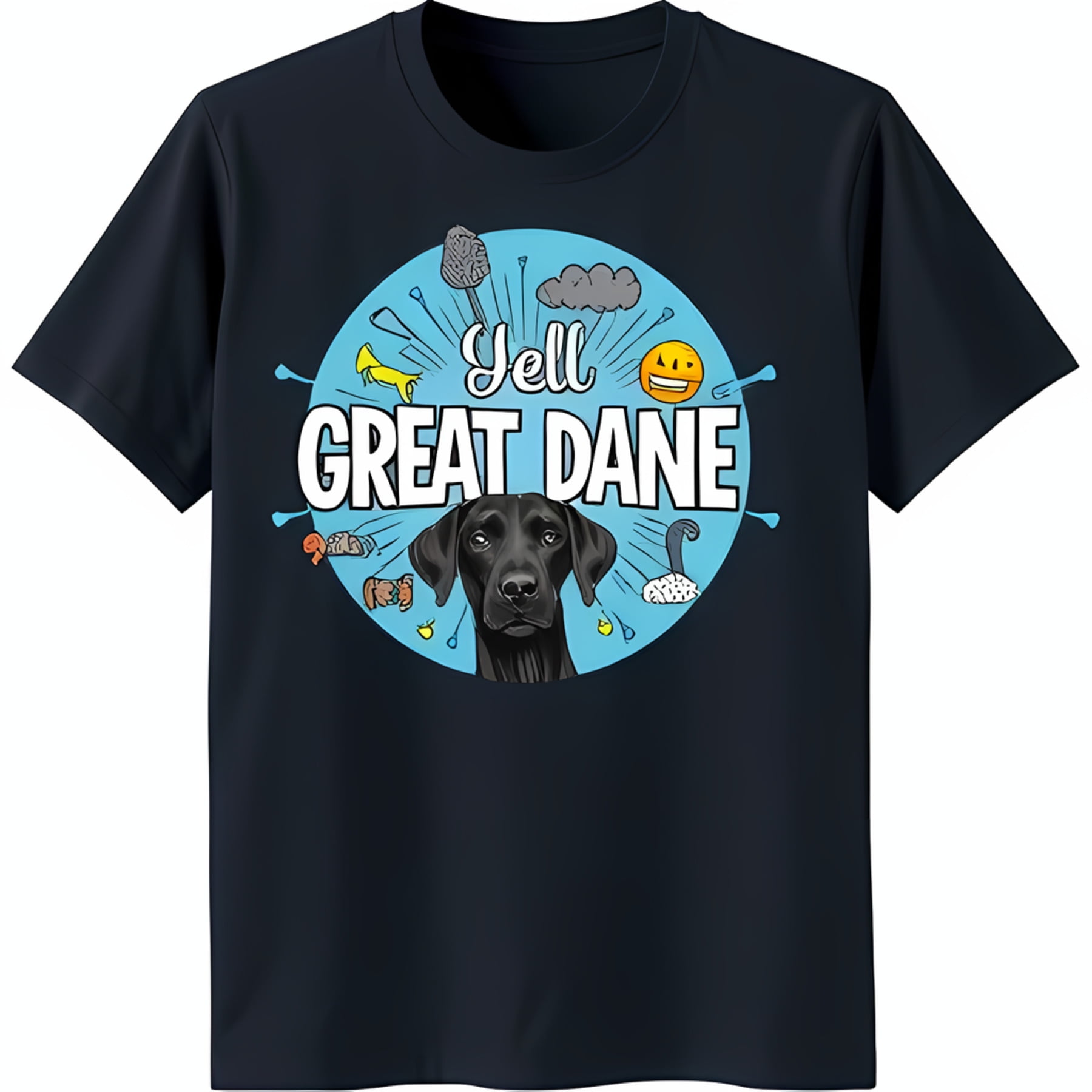 Great Dane Graphic T-Shirt Blue Circular Design on Black Tee Yell Great ...