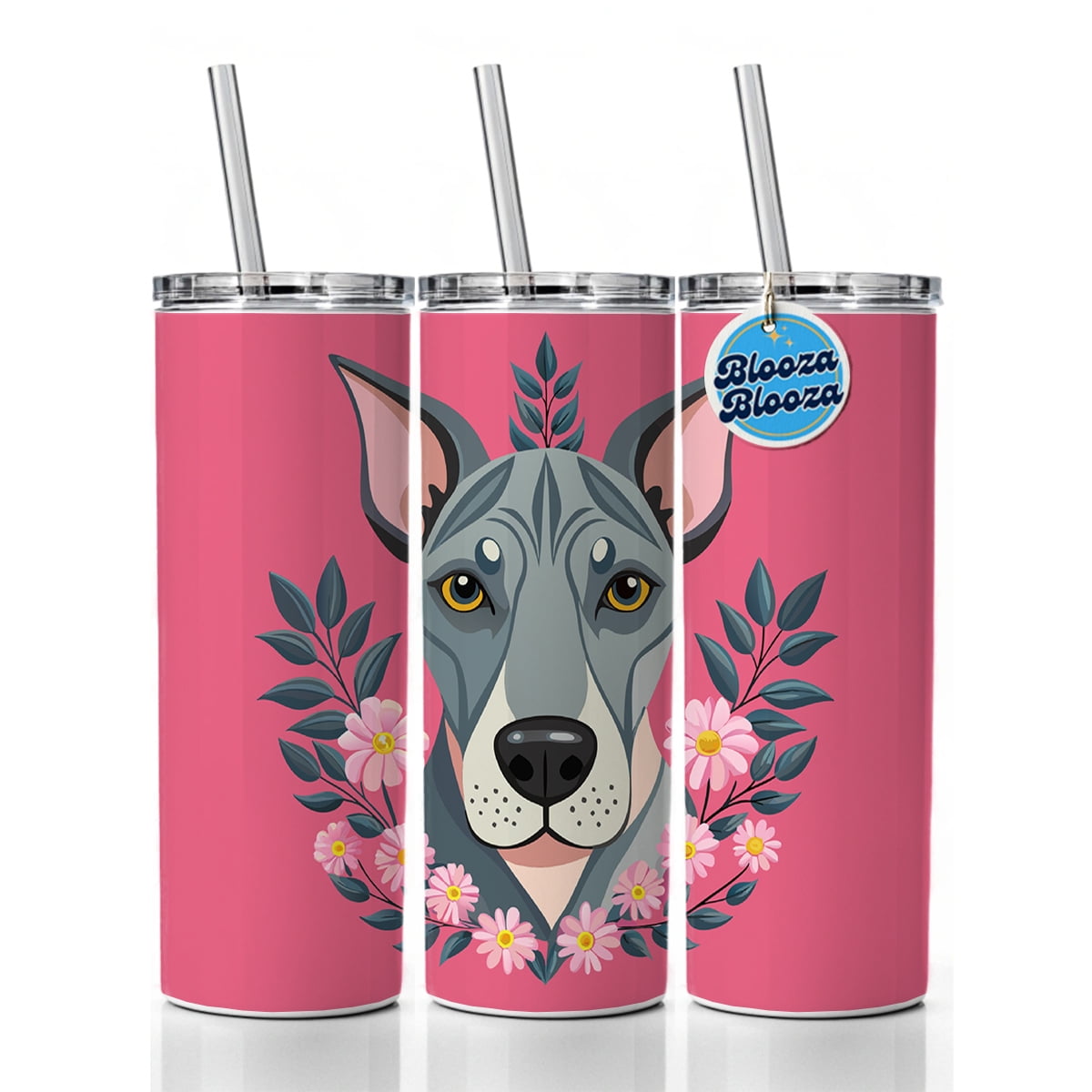 Great Dane Head Floral Motif Pink Background Dog 20oz Insulated Water ...