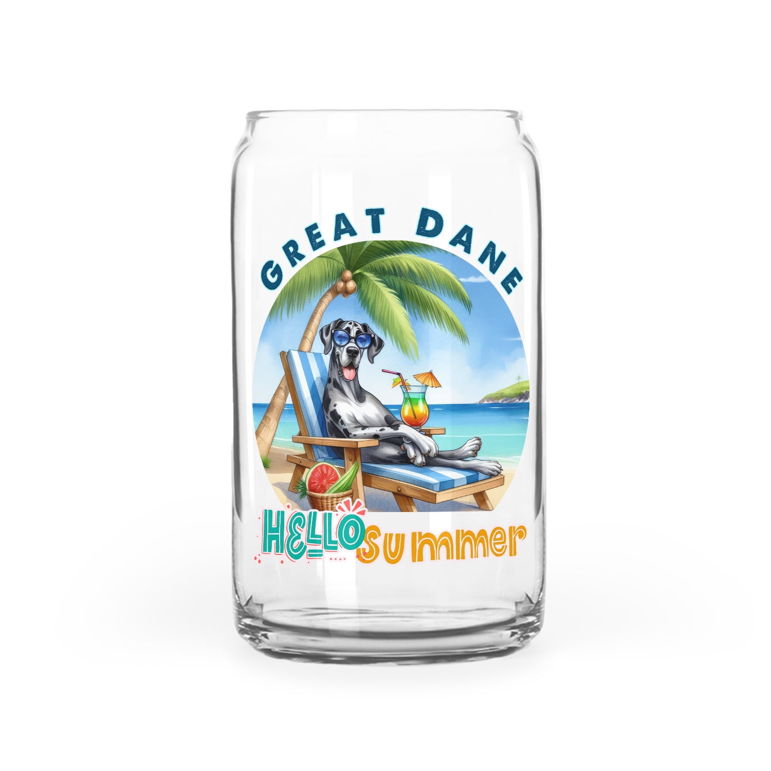 Great Dane Hello Summer Beach Theme with Sunglasses and Tropical Cocktail 16oz Glass Cup Mug ...