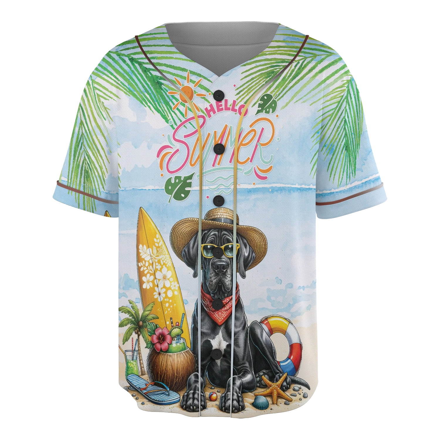 Great Dane Hello Summer with Sunglasses and Surfboard Tropical Vibes All Over Print 3D Baseball ...